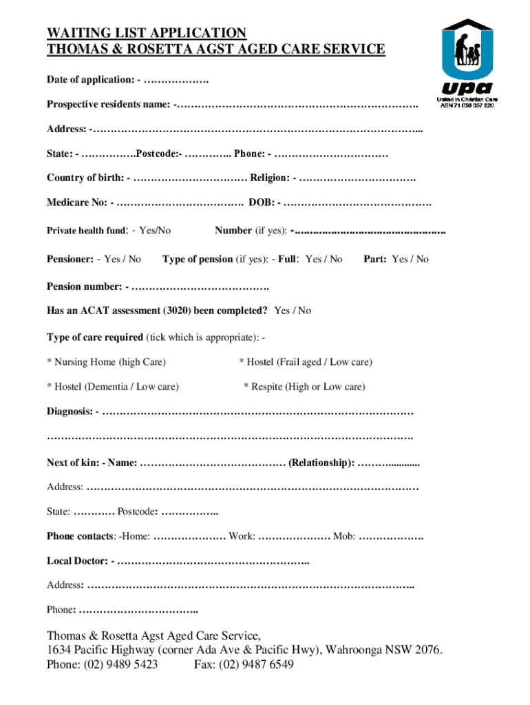 Fillable Online Waiting List Application Thomas & Rosetta Agst Aged ...