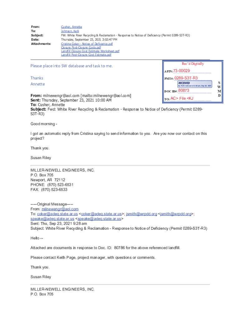 Fillable Online FW White River Recycling & Reclamation - Response to Notice of Deficiency ...