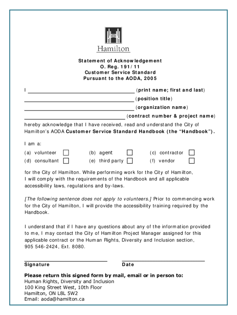 Fillable Online Statement of Acknowledgement - O. Reg. 191/11 Fax Email ...