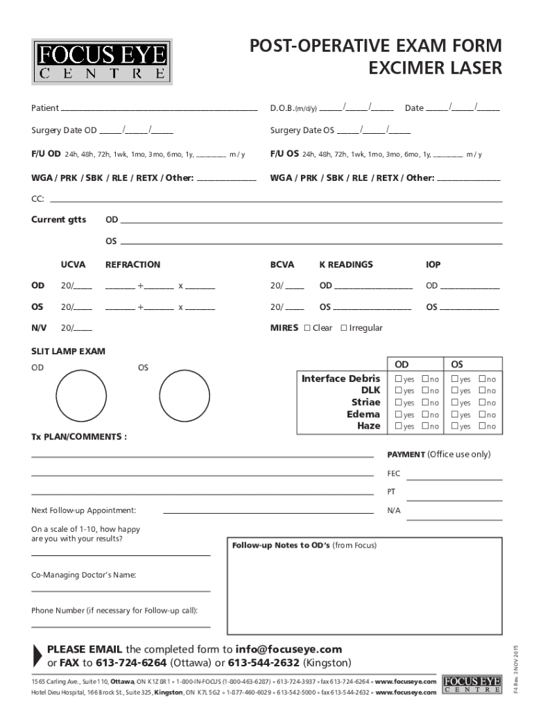 Fillable Online POST-OPERATIVE EXAM FORM EXCIMER LASER - LVC Fax Email ...