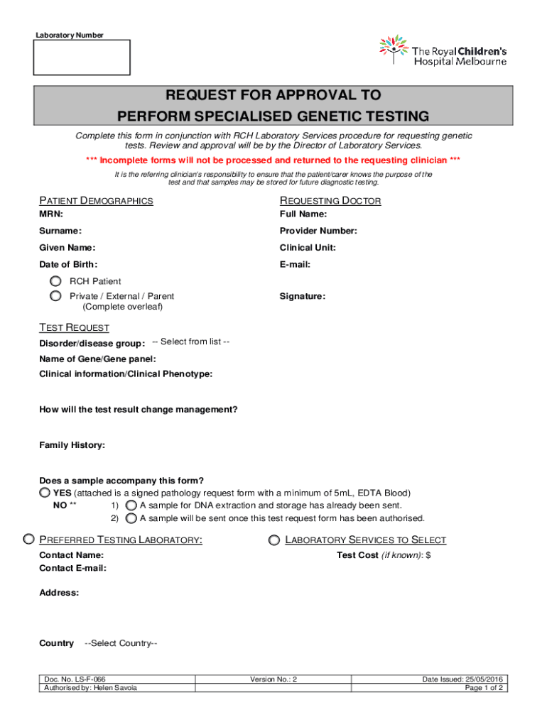 Fillable Online Genetic Test Request Form - Private, external, parents ...