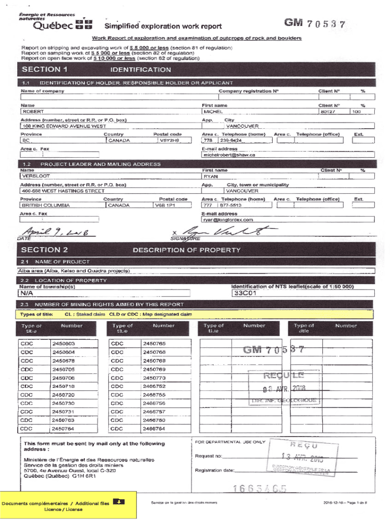 Fillable Online Simplified exploration work report, Alba, Kelso and ...