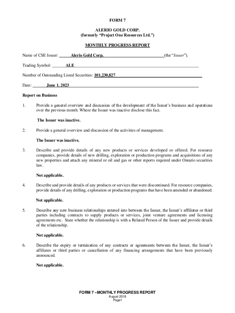 Fillable Online FORM 7 ALERIO GOLD CORP. (formerly Project One Resources ... Fax Email Print ...