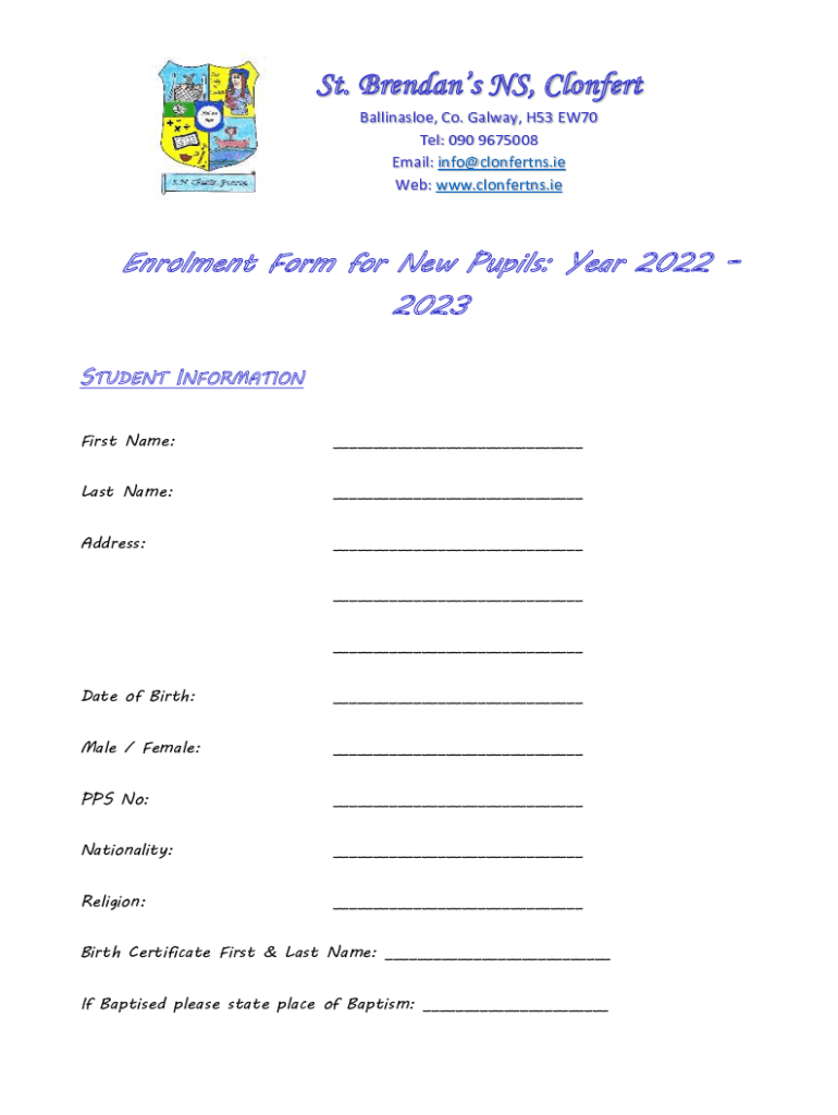 Fillable Online Enrolment Form for New Pupils: Year 20232024 Fax Email ...