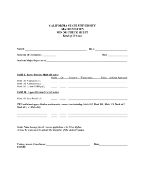 Fillable Online MATHEMATICS MINOR CHECK SHEET Total of 19 Units Fax ...