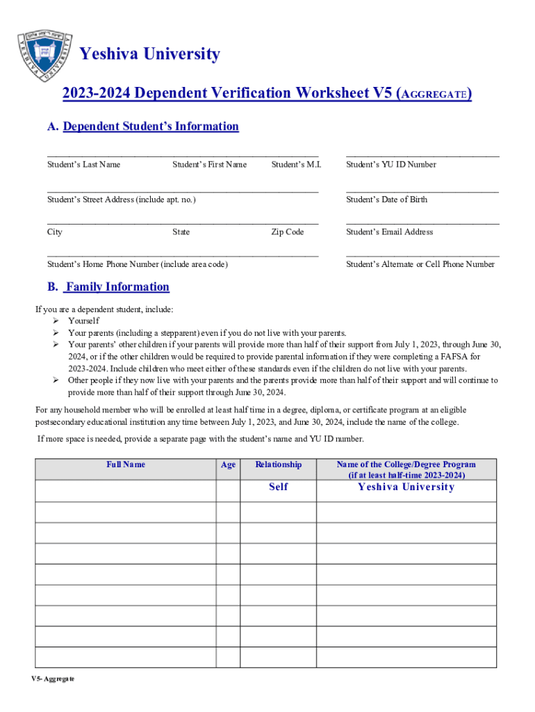 Fillable Online Dependent Verification WorksheetV5 Aggregate Fax Email Print - pdfFiller