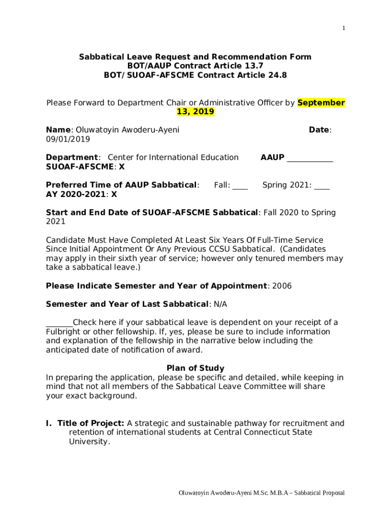 SABBATICAL LEAVE REQUEST AND ... Doc Template | pdfFiller