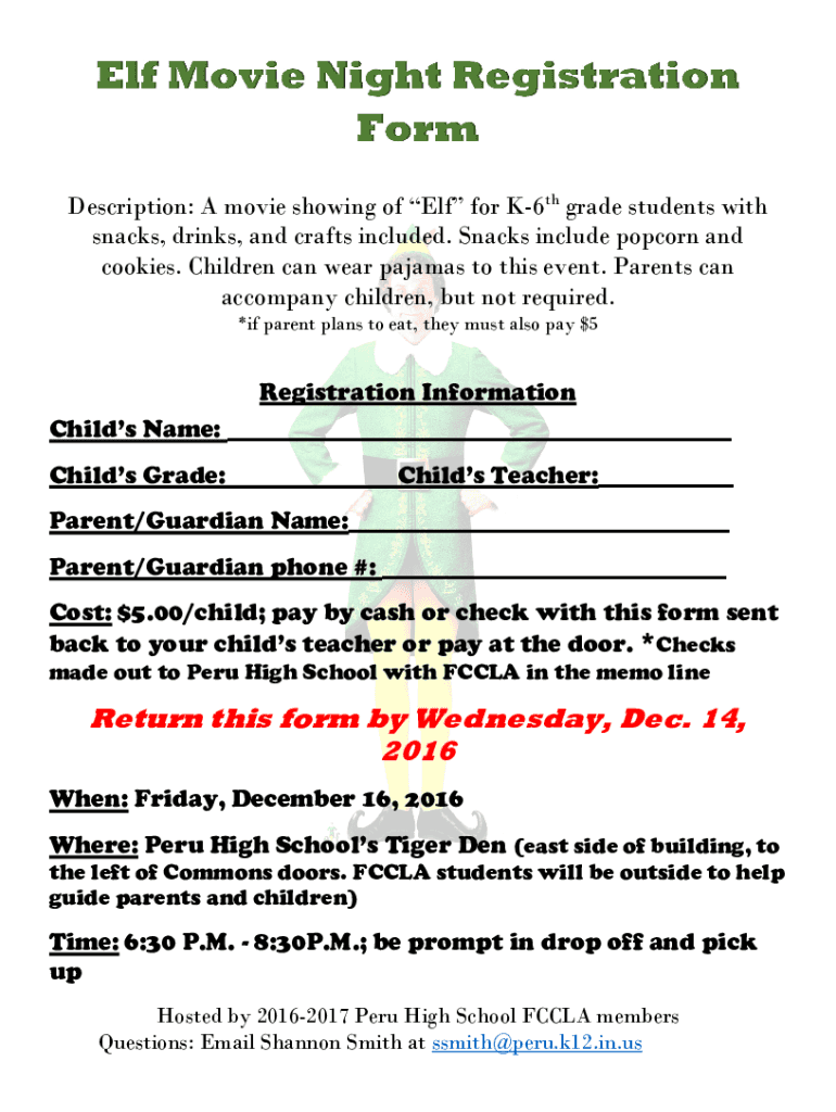 Fillable Online Elf Movie Night Registration Form Fax Email Print ...