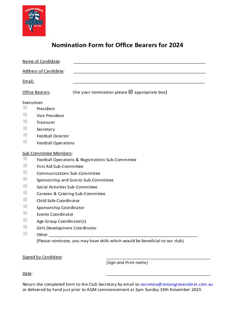 Fillable Online NOMINATION FORM FOR OFFICE BEARER Fax Email Print - pdfFiller
