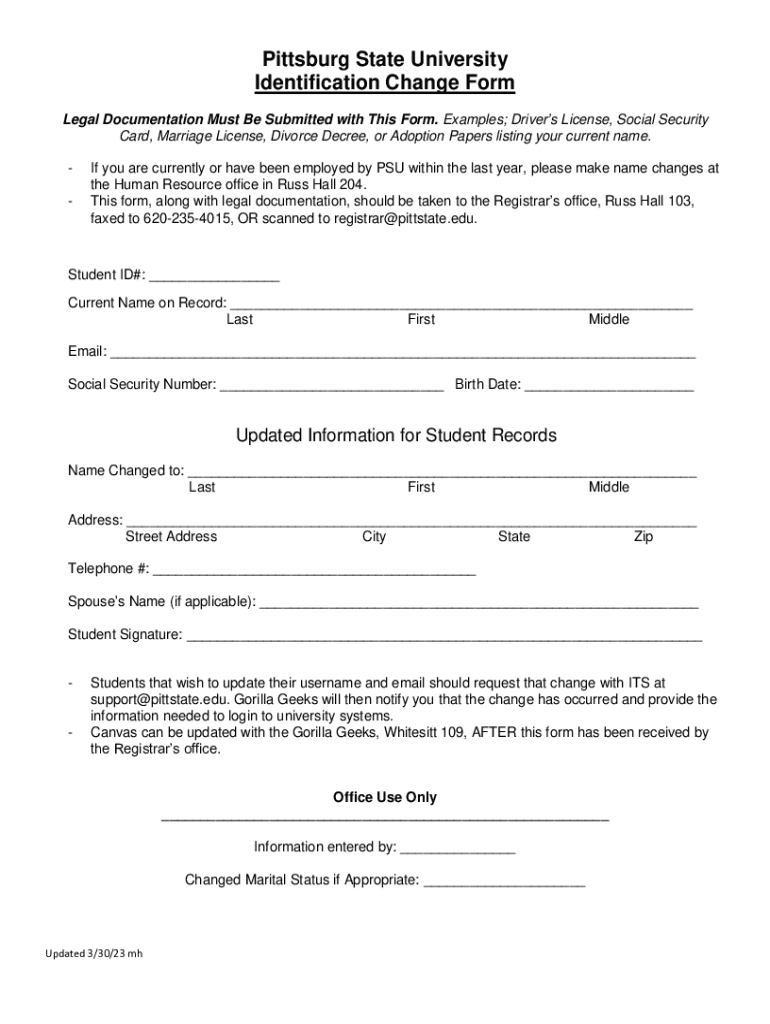 Fillable Online Pittsburg State University Identification Change Form ...