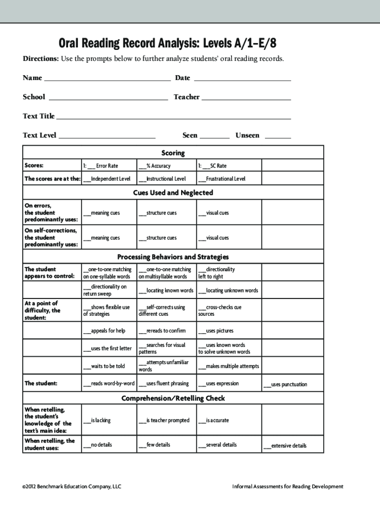 Fillable Online Oral Reading Record Level E/8: Sorting at the Nature ...