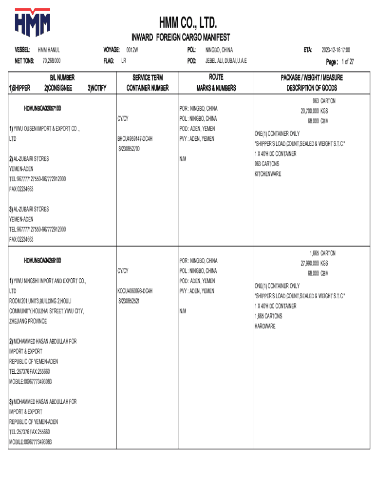 Fillable Online Presentation of Vessel Cargo Declaration to Customs ...