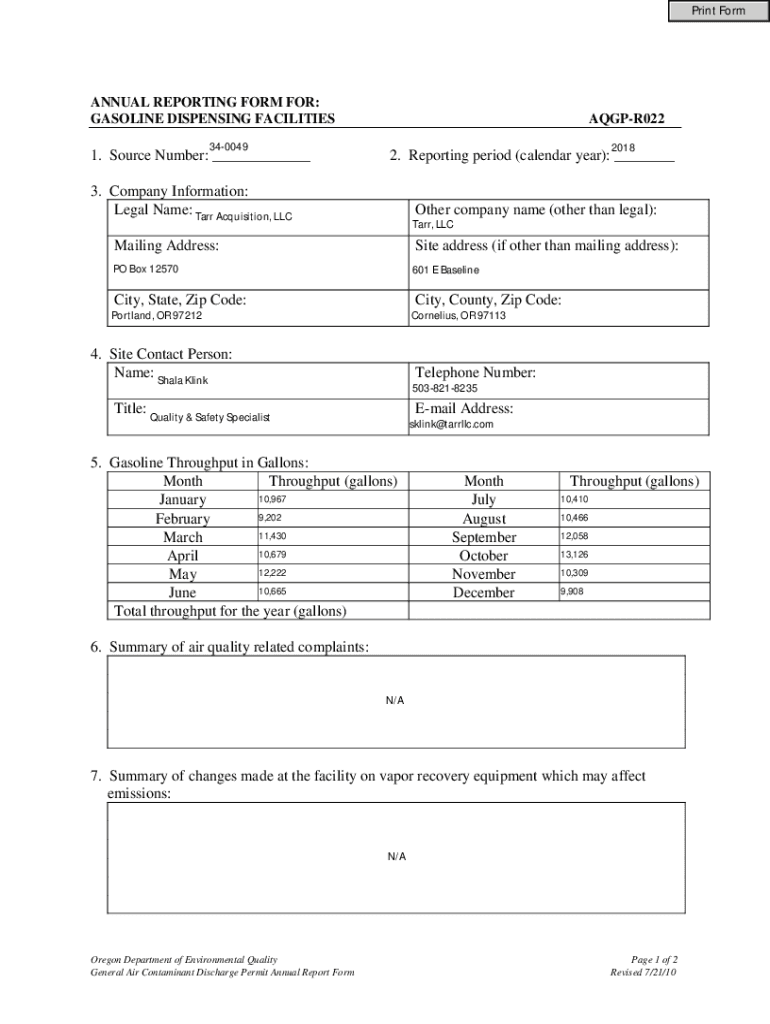Fillable Online annual reporting form for gasoline dispensing facilities. AQGP-R022 Fax Email ...