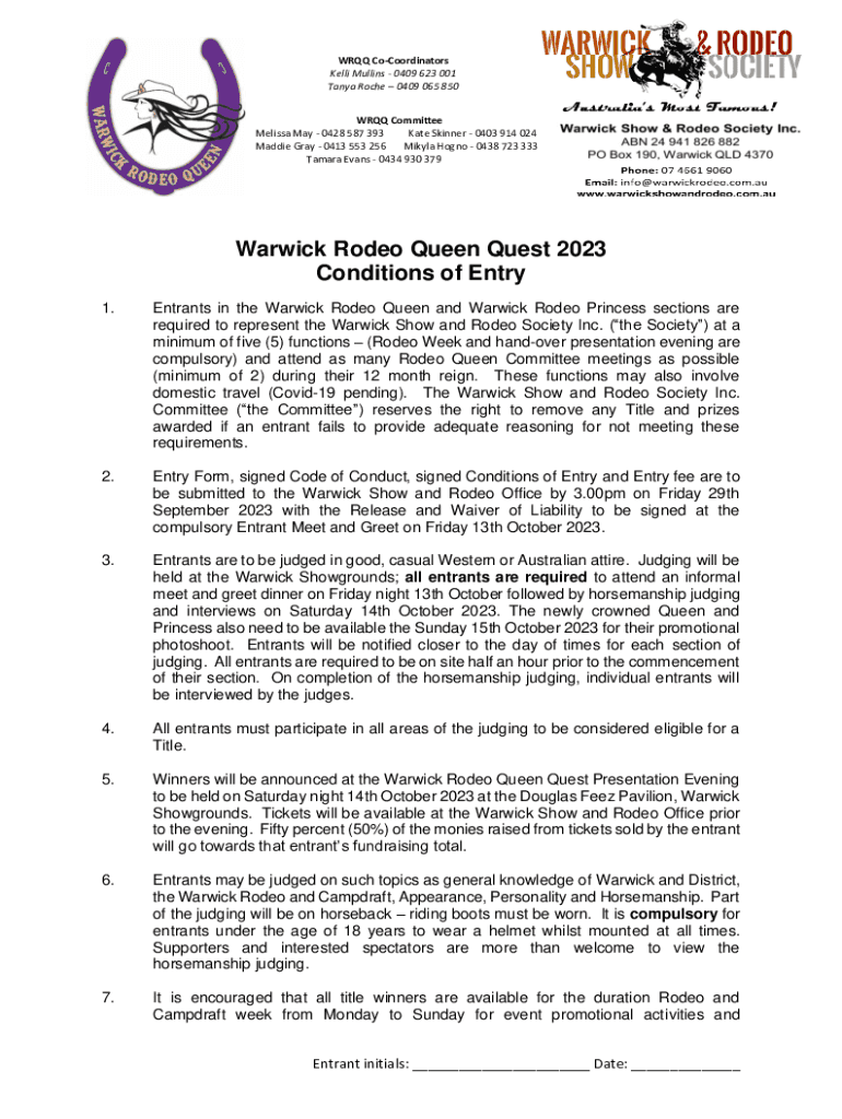 Fillable Online Warwick Rodeo Queen Quest 2023 Conditions of Entry Fax ...