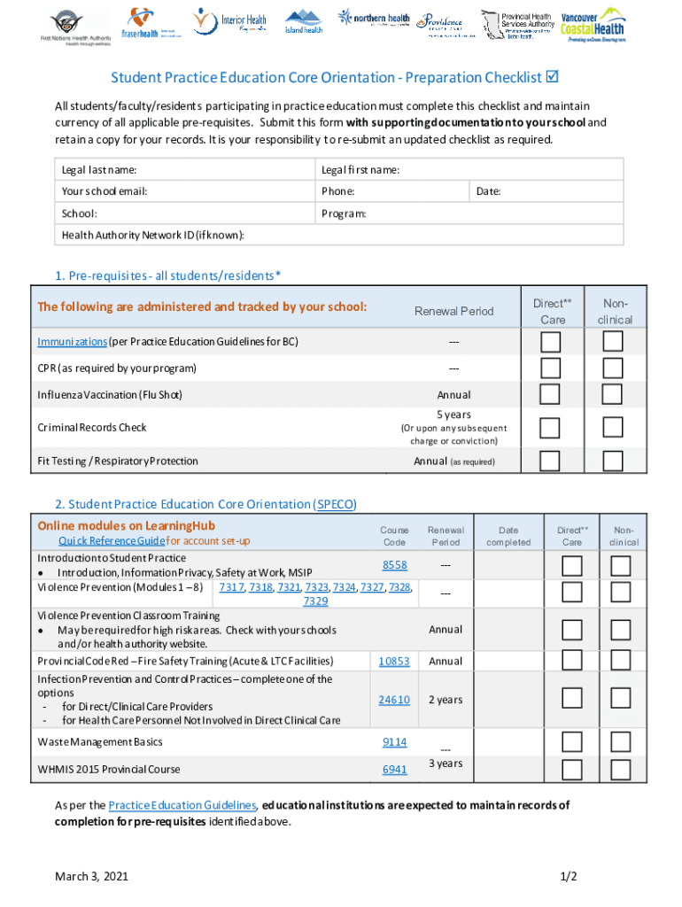 Fillable Online Fillable 1. Pre-requ Student Practice Education Core ...