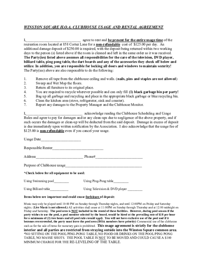 Fillable Online Clubhouse Rental Agreement - Columbia - The Vineyards ...