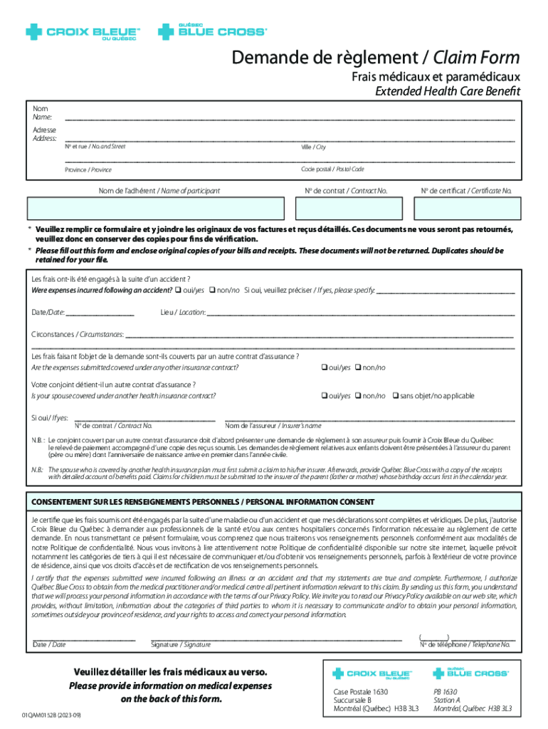 Remplissable En Ligne on bluecross DEMANDE DE RGLEMENT CLAIM FORM * VEUILLEZ ... Fax Email ...
