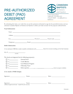 Fillable Online pre-authorized debit agreement - payor's pad agreement ...