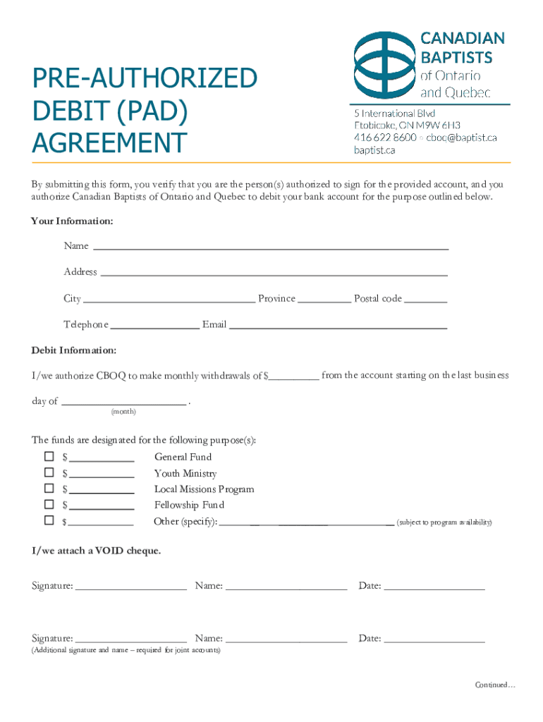 Fillable Online pre-authorized debit agreement - payor's pad agreement ...