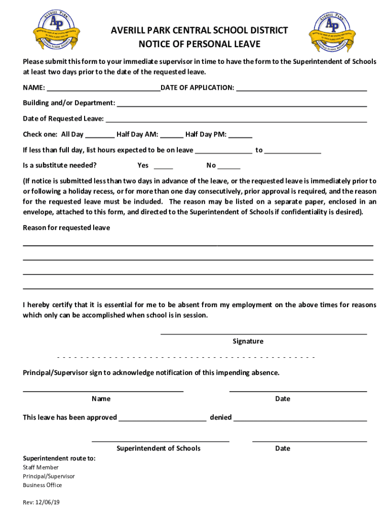 Fillable Online Notice of Personal Leave Fax Email Print - pdfFiller