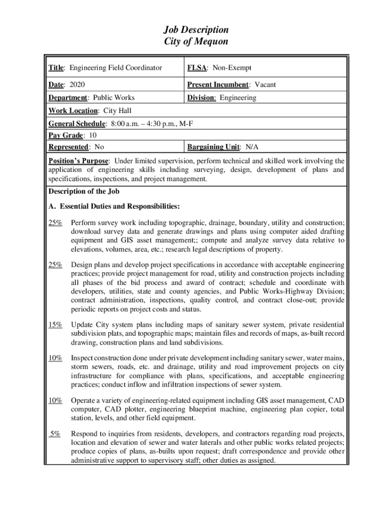 Fillable Online City Engineer DEPARTMENT: Public Works REPORTS TO Fax ...