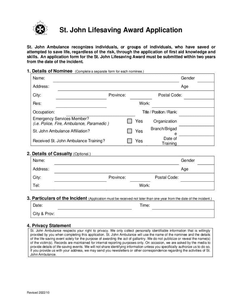 Fillable Online CONFIDENTIAL St John Life Saving Medal Application form ...