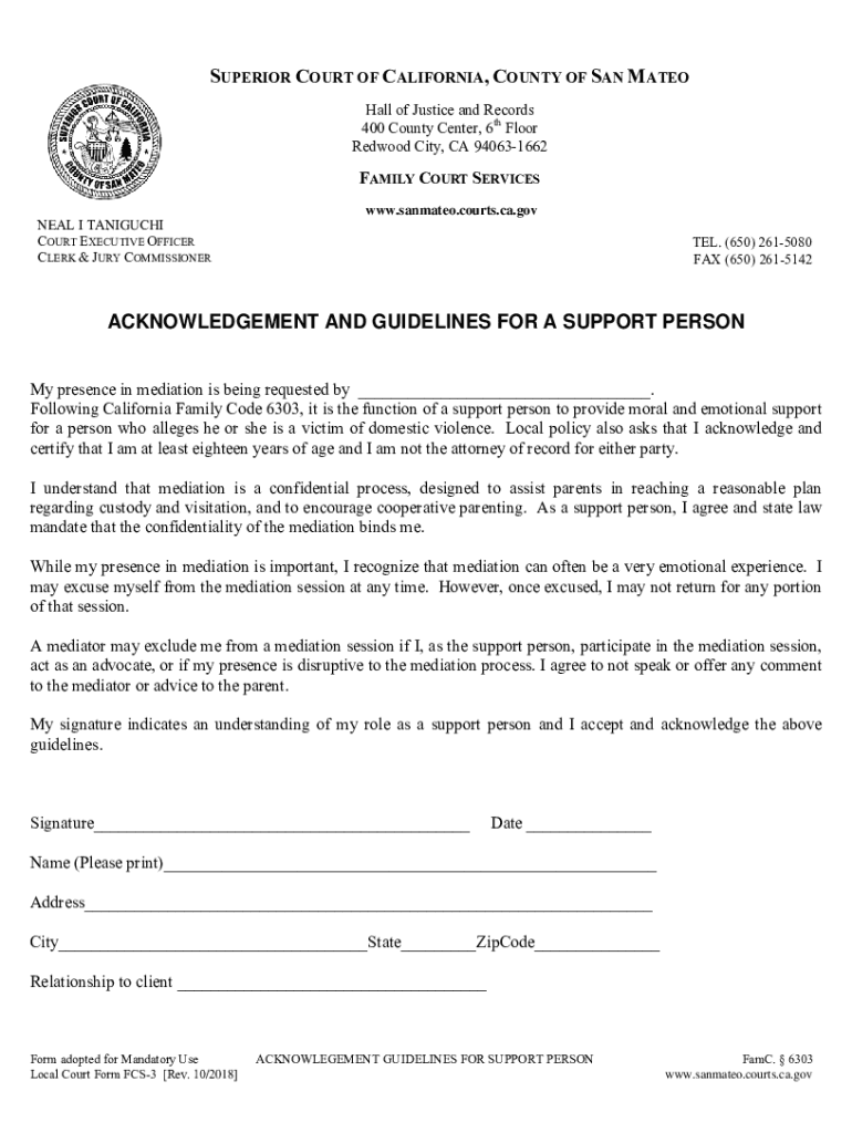 Fillable Online Acknowledgement and Guidelines for a Support Person ...