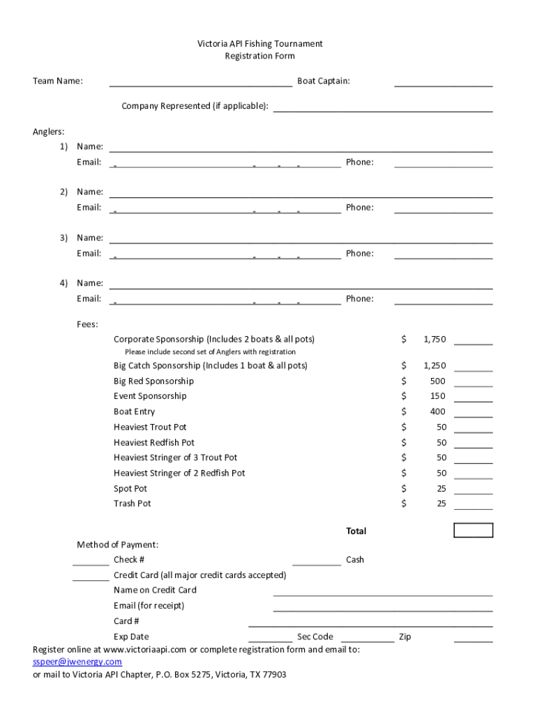 Fillable Online Fishing Tournament Registration Form - Fill Online ...