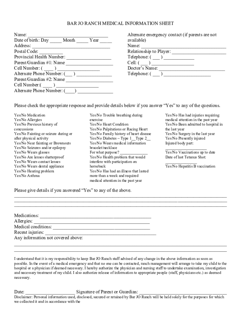 Fillable Online BAR JO RANCH MEDICAL INFORMATION SHEET Name Fax Email Print - pdfFiller