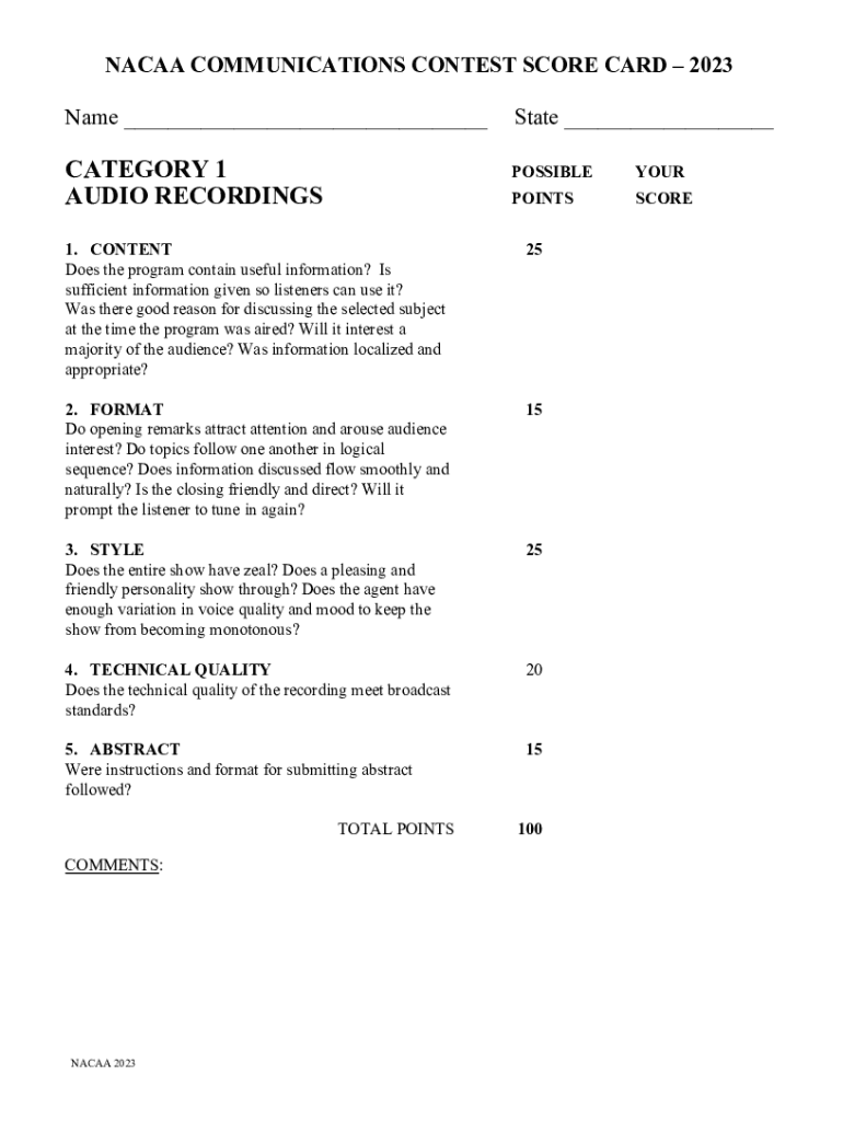 Fillable Online NACAA COMMUNICATIONS CONTEST SCORE CARD Fax Email Print ...