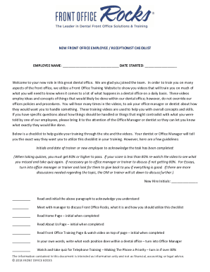 Fillable Online NEW FRONT OFFICE EMPLOYEE / RECEPTIONIST CHECKLIST ...