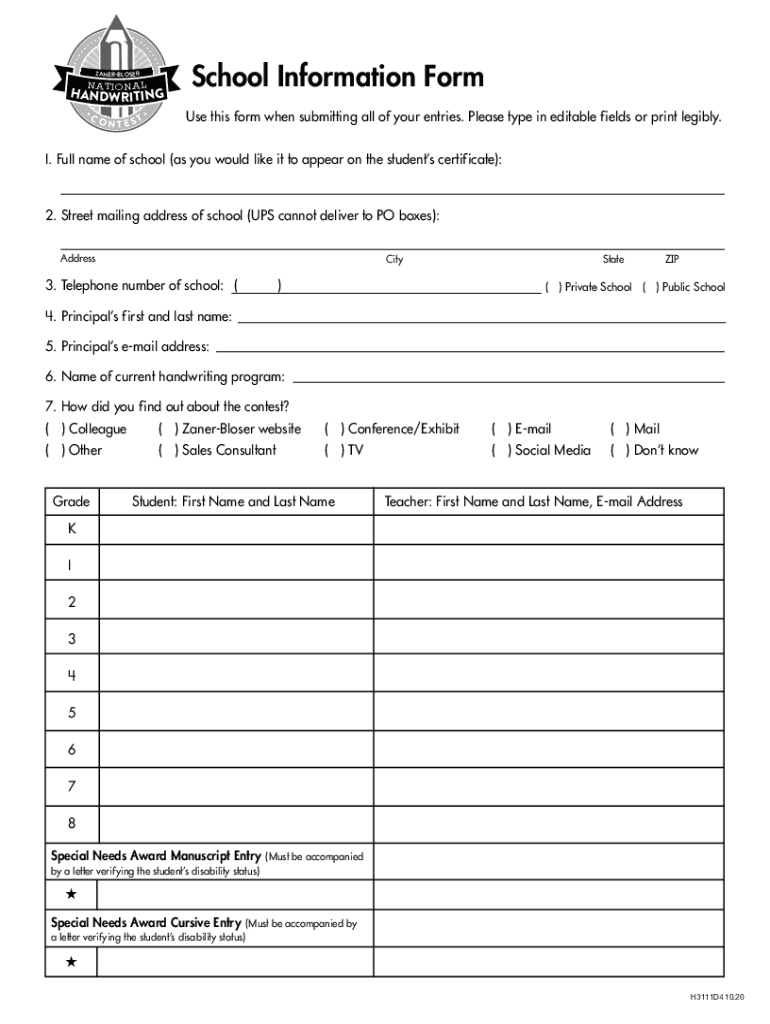 Fillable Online Zaner-Bloser National Handwriting Contest Fact Sheet ...