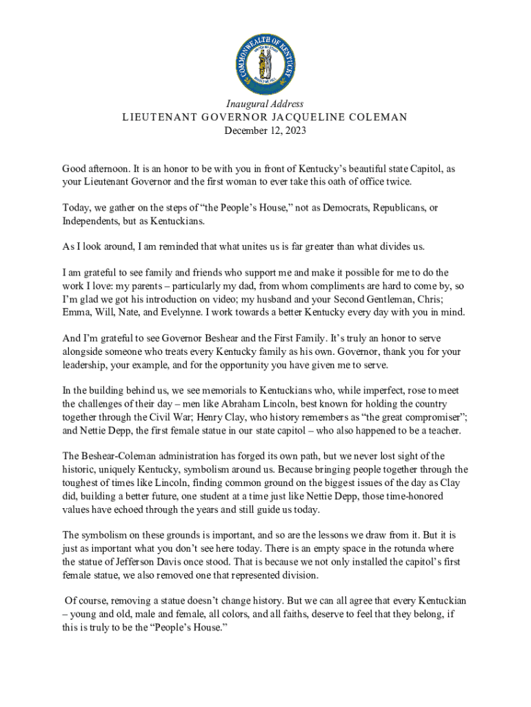 Fillable Online Gov. Beshear publicly sworn in for 2nd term at Kentucky ...