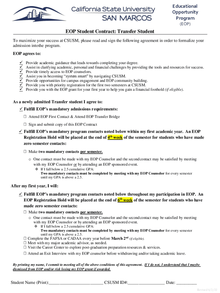 Fillable Online new eop transfer student: check-off list & information ...