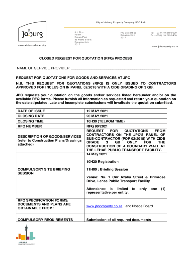 Fillable Online jhbproperty co city of joburg property company (pty) ltd Fax Email Print - pdfFiller