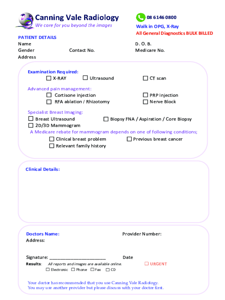 Fillable Online Walk in OPG, X-Ray - All General Diagnostics BULK BILLED Fax Email Print - pdfFiller