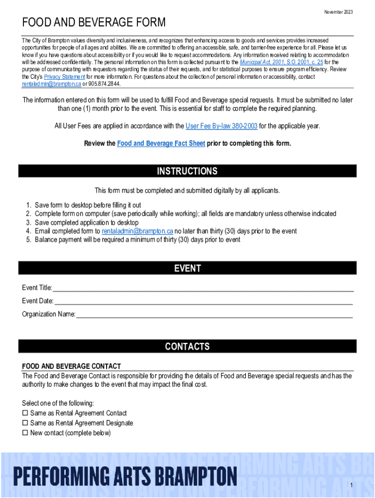 Fillable Online Performing Arts Food and Beverage Form Fax Email Print ...