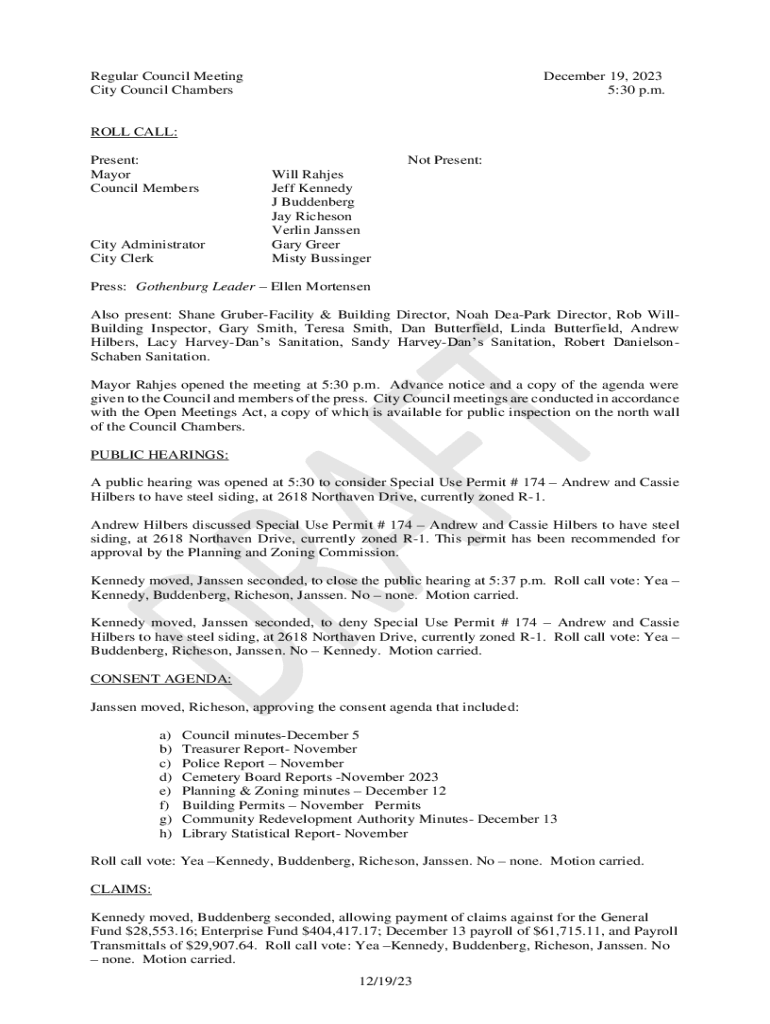 Fillable Online ci gothenburg ne Also present: Shane Gruber-Facility ...