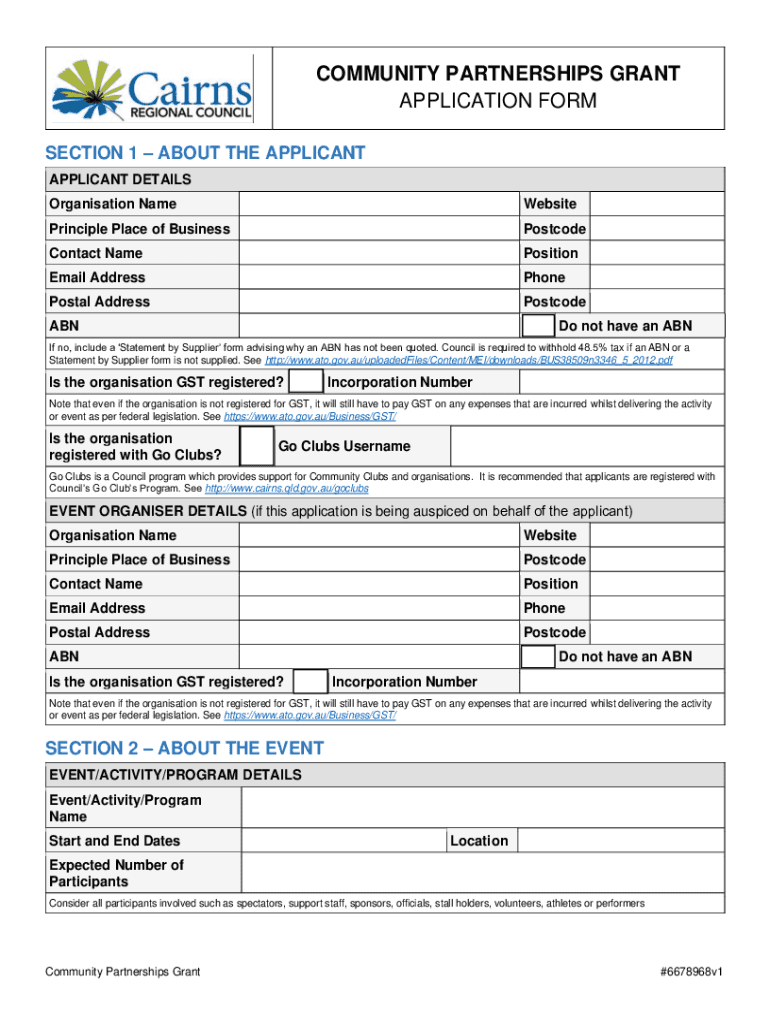 Fillable Online COMMUNITY PARTNERSHIPS GRANT APPLICATION ... Fax Email ...