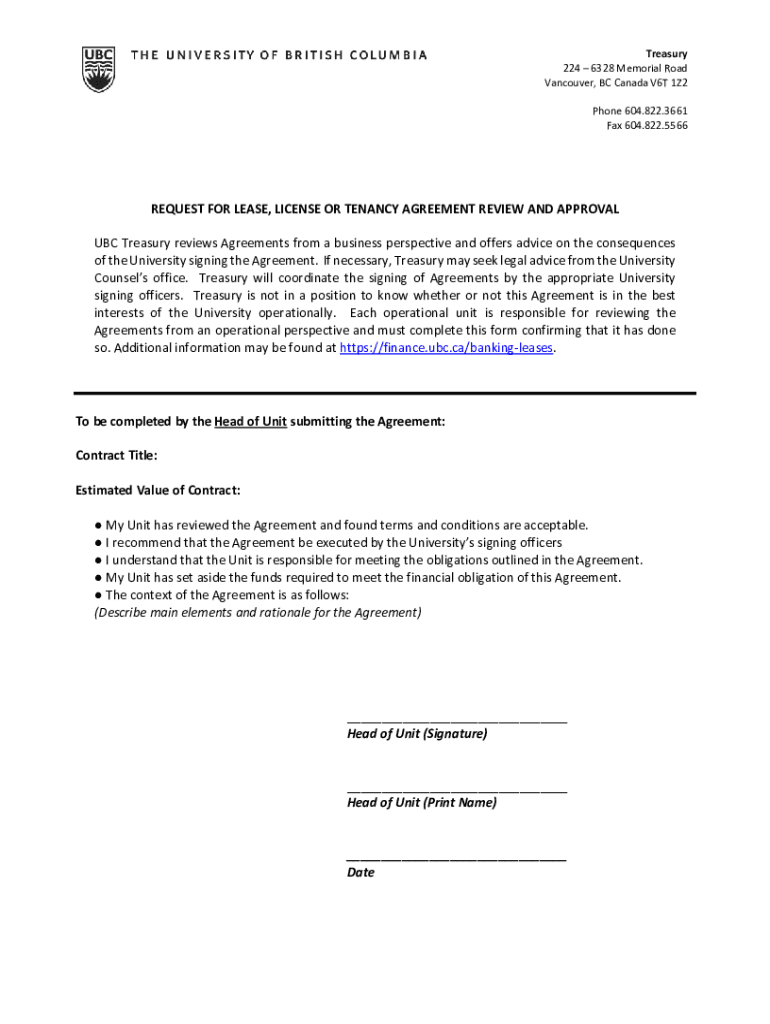Fillable Online finance ubc request for lease, license or tenancy agreement review and ... Fax ...