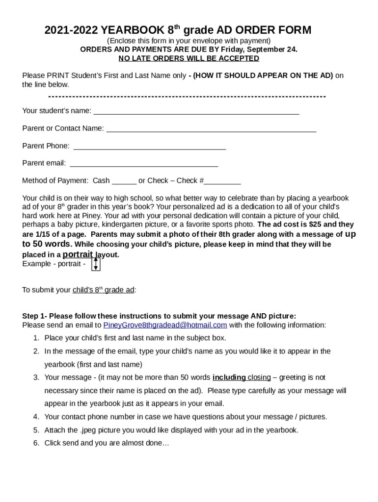 2021-2022 YEARBOOK 8 th grade AD ORDER Doc Template | pdfFiller