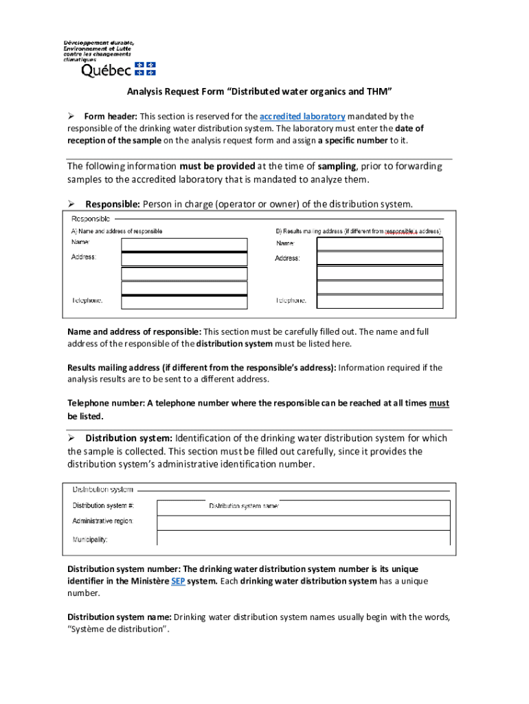 Fillable Online Analysis Request Form Distributed water organics and ...