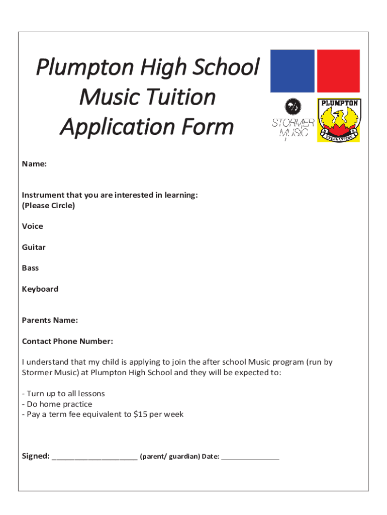 Fillable Online Plumpton High School Music Tuition Application Form Fax ...
