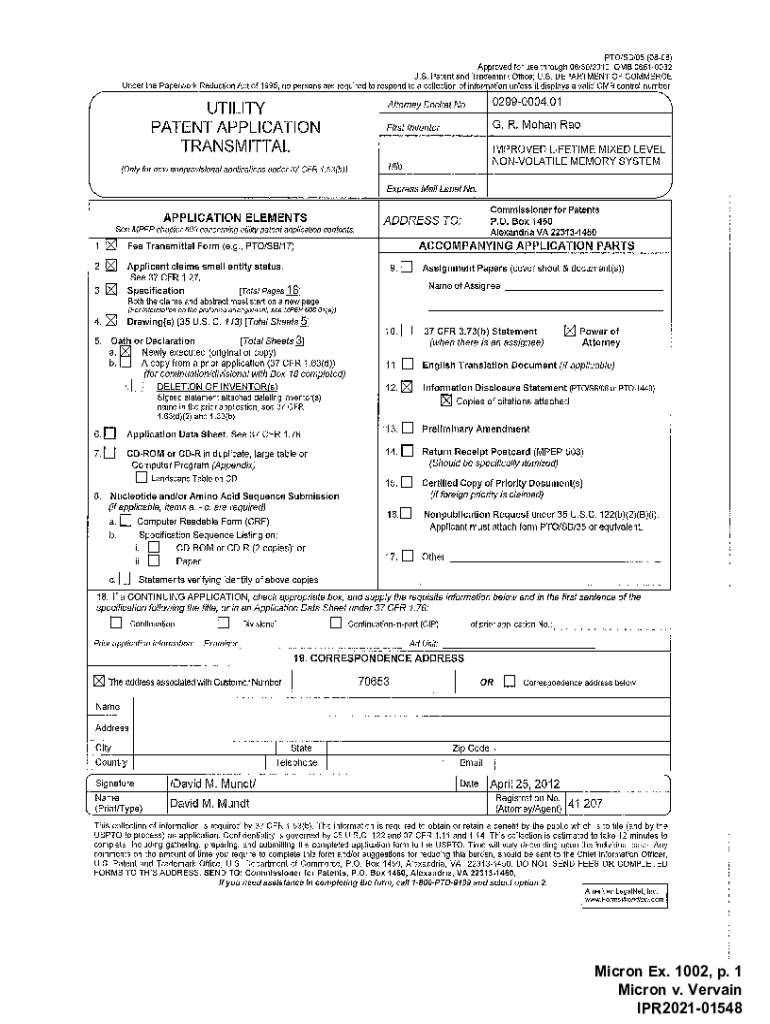 Fillable Online UTILITY PATENT APPLICATION TRANSMITTAL Micron Ex. 1002, p ... Fax Email Print ...