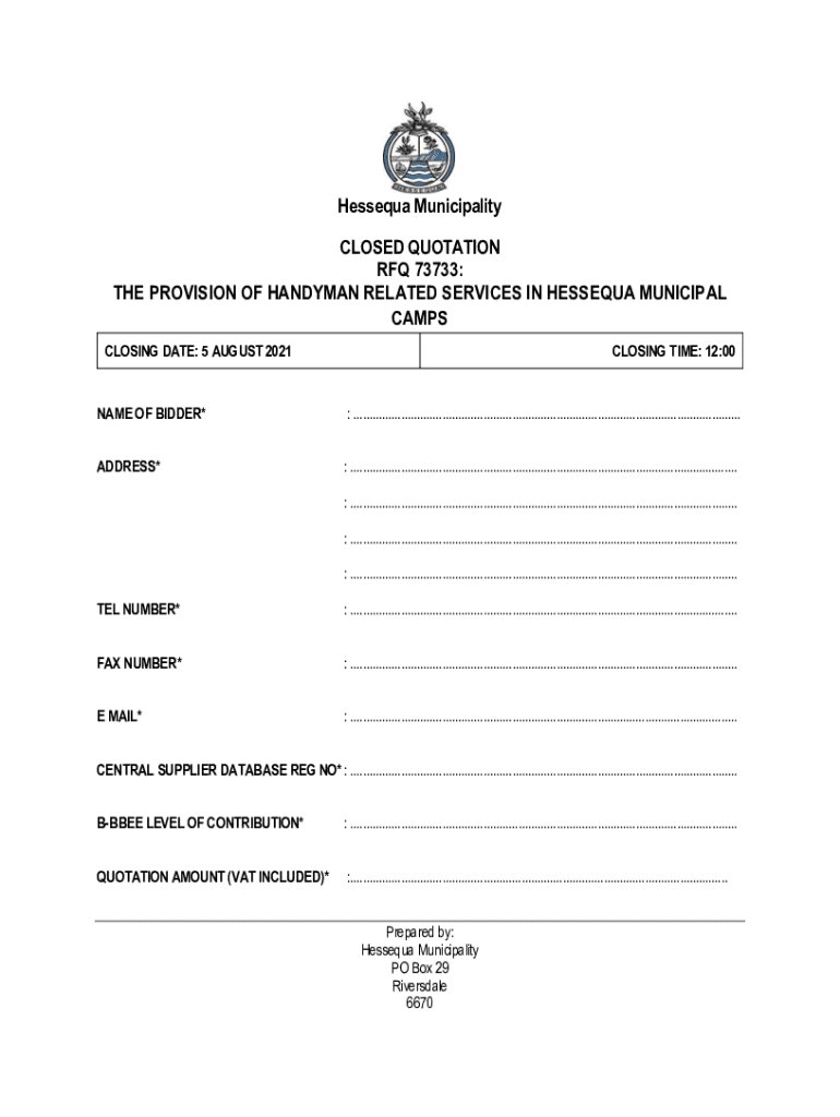 Fillable Online Hessequa Municipality CLOSED QUOTATION RFQ 73733 Fax ...