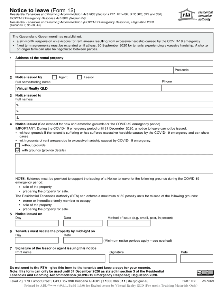 Fillable Online Residential Tenancies and Rooming Accommodation (COVID-19 Emergency Response ...