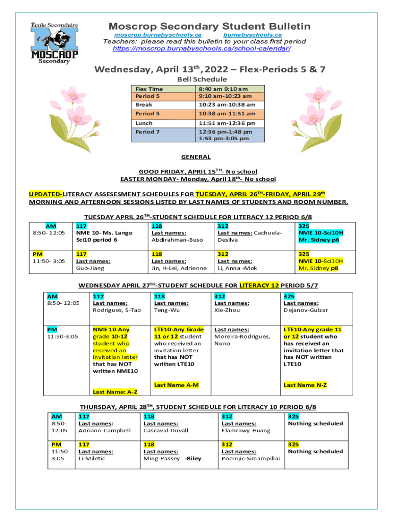 Fillable Online cole Moscrop Secondary Student Bulletin Monday, January ...