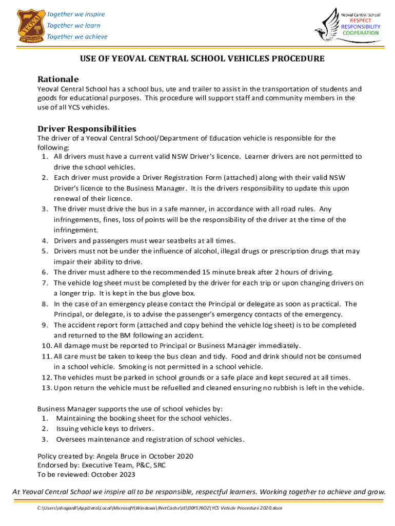 Fillable Online USE OF YEOVAL CENTRAL SCHOOL VEHICLES ... Fax Email ...