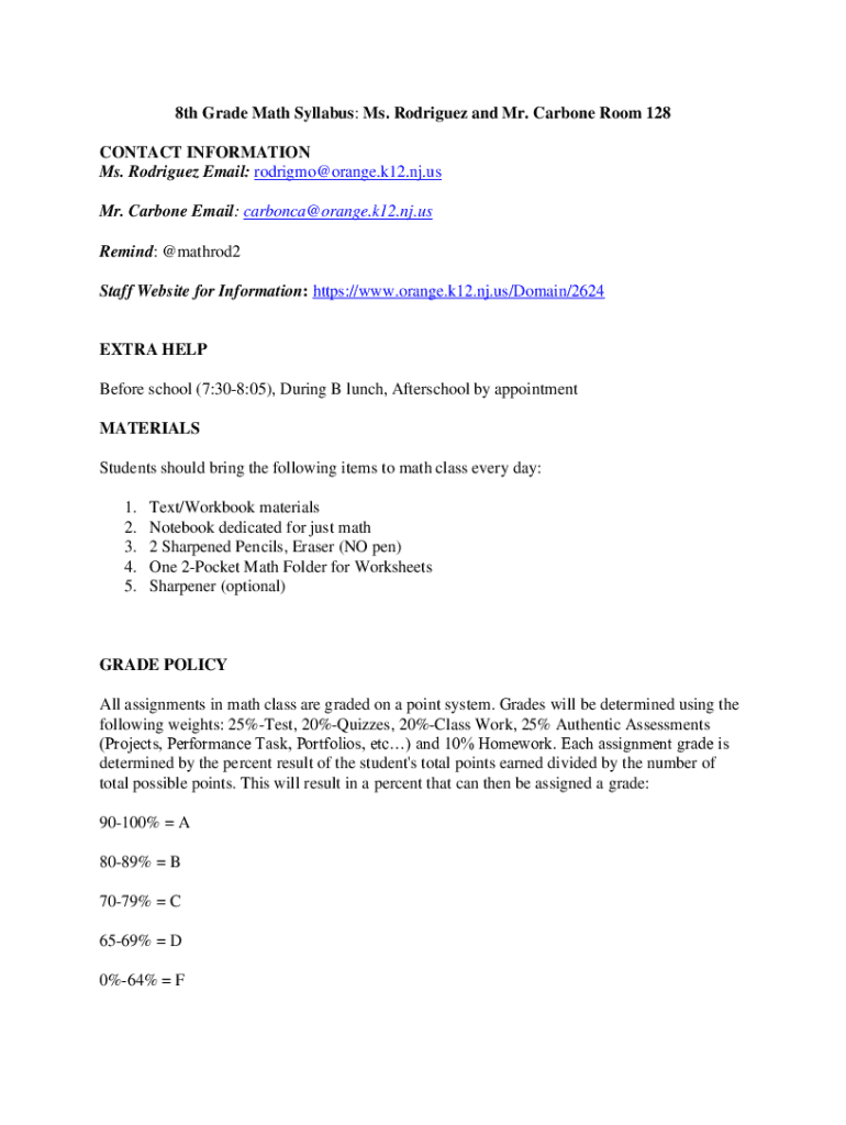 Fillable Online 8th Grade Math Syllabus: Ms. Rodriguez and Mr. Carbone ...