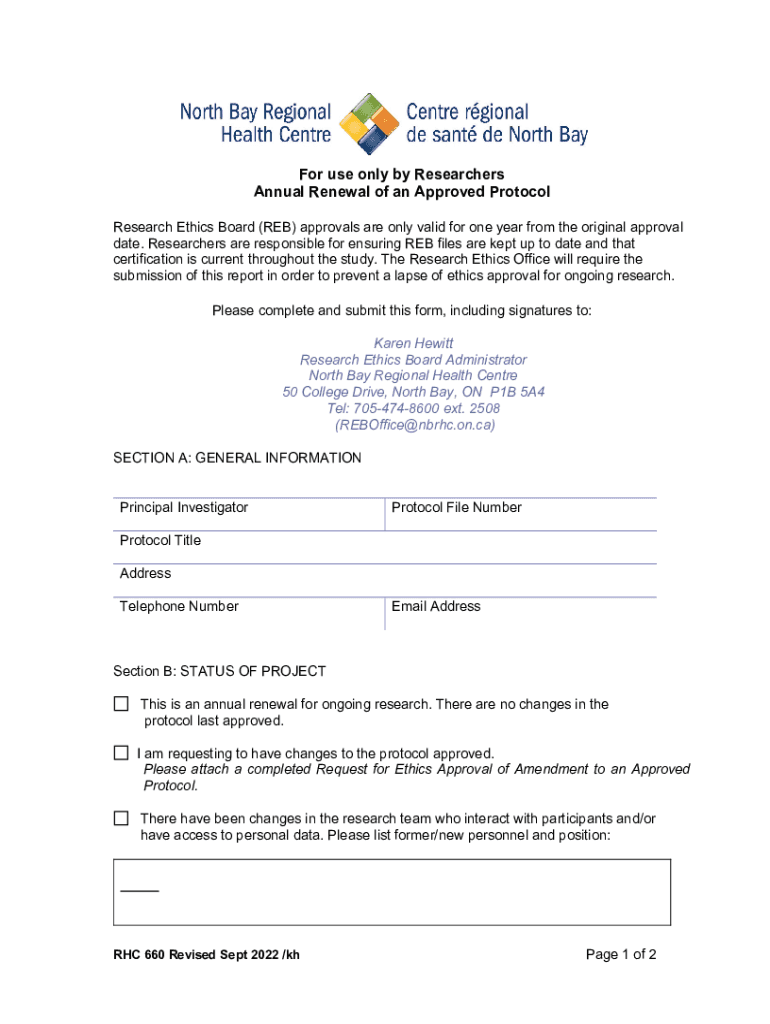 Fillable Online nbrhc on For use only by Researchers Annual Renewal of ...